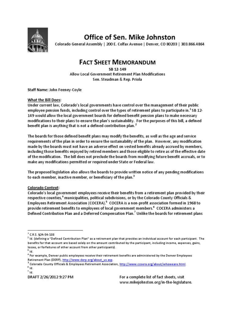 SB 12-149 - Allow Local Government Modifications To Pension Plans | PDF ...