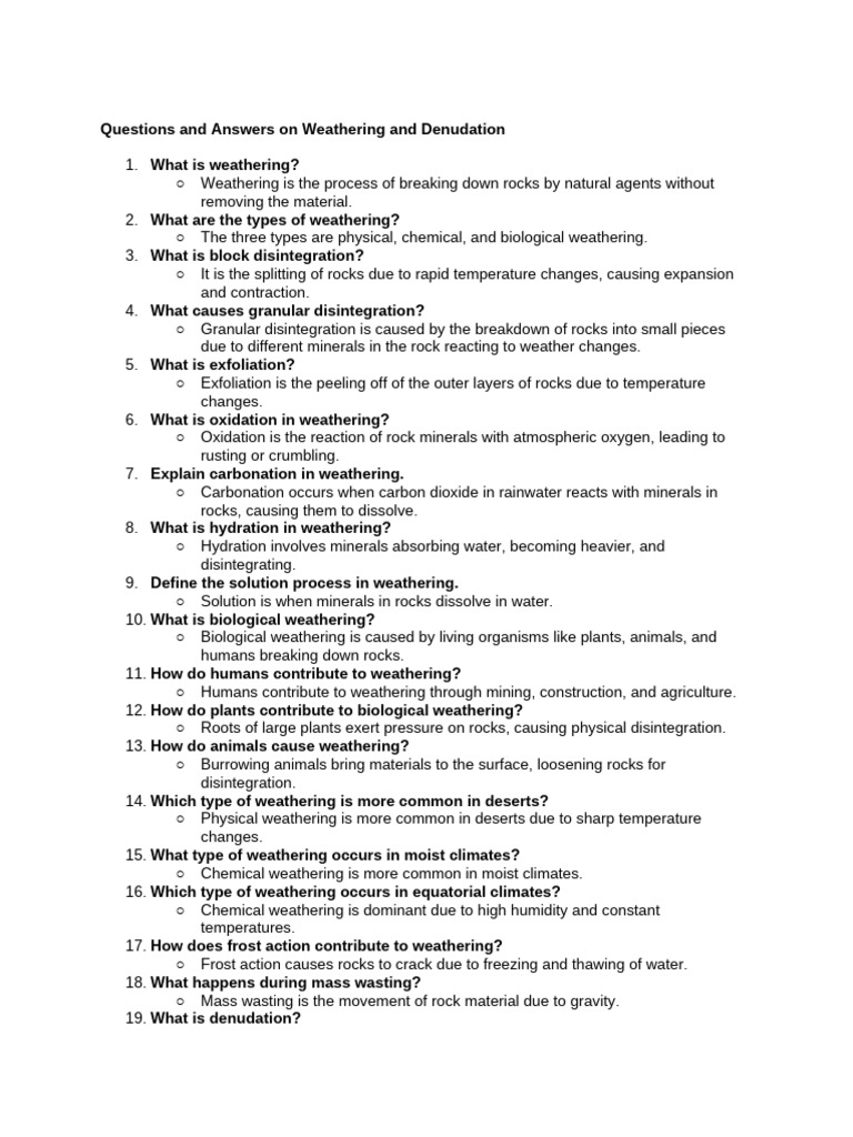 Weathering and Denudation- question and answers | PDF | Weathering ...