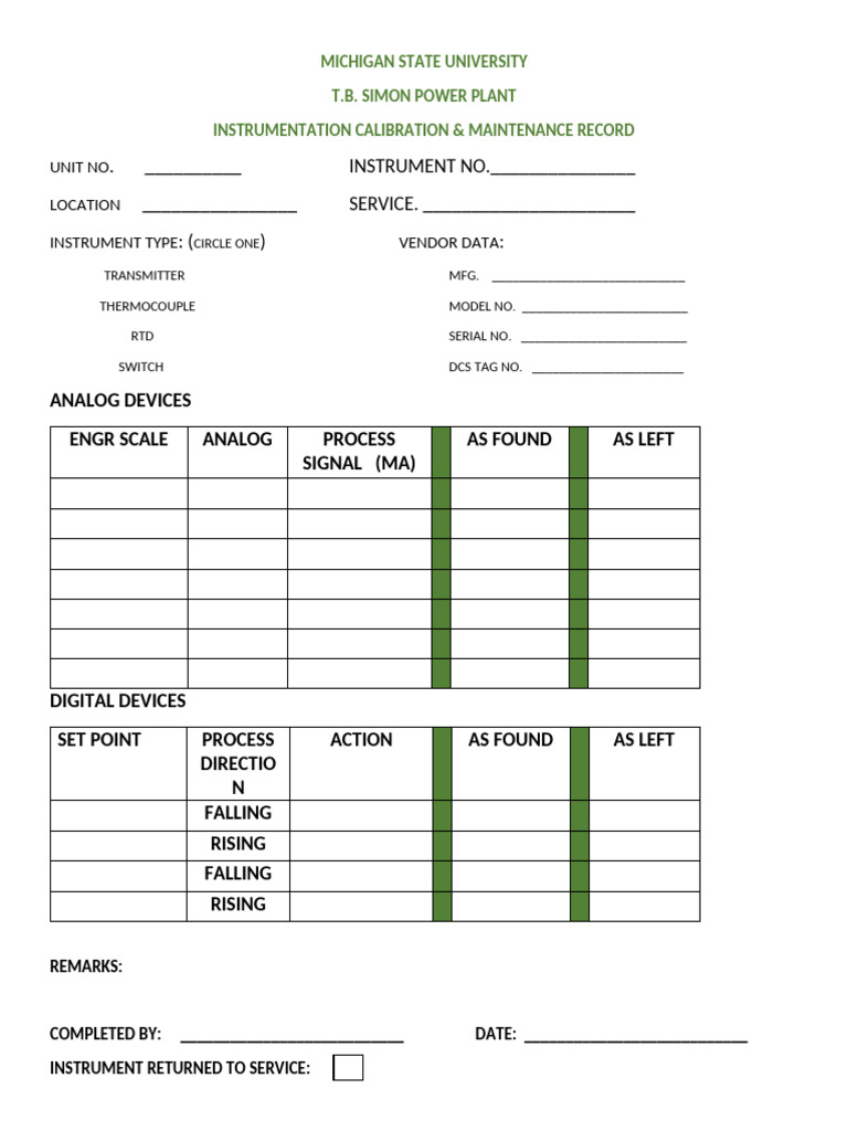 Instrumentation Calibration & Maintenance Record | PDF
