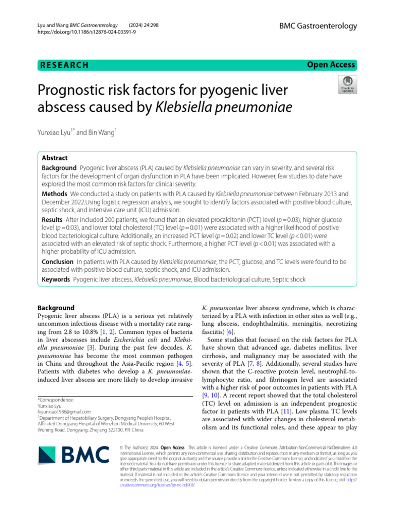 Prognostic Risk Factors For Pyogenic Liver Abscess Caused by Klebsiella ...