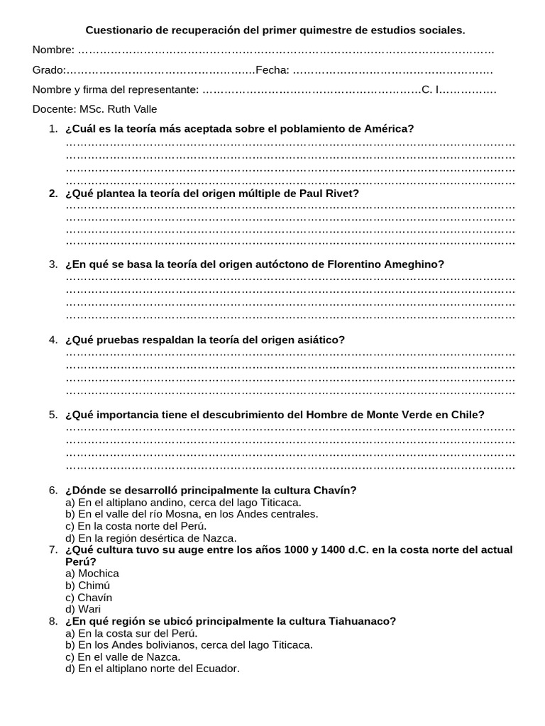 Cuestionario de recuperación primer quimestre-eess-noveno | PDF | Imperio Inca