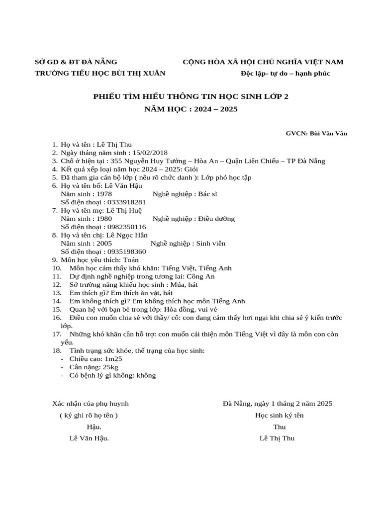 phiếu tìm hiểu học sinh của gvcn | PDF