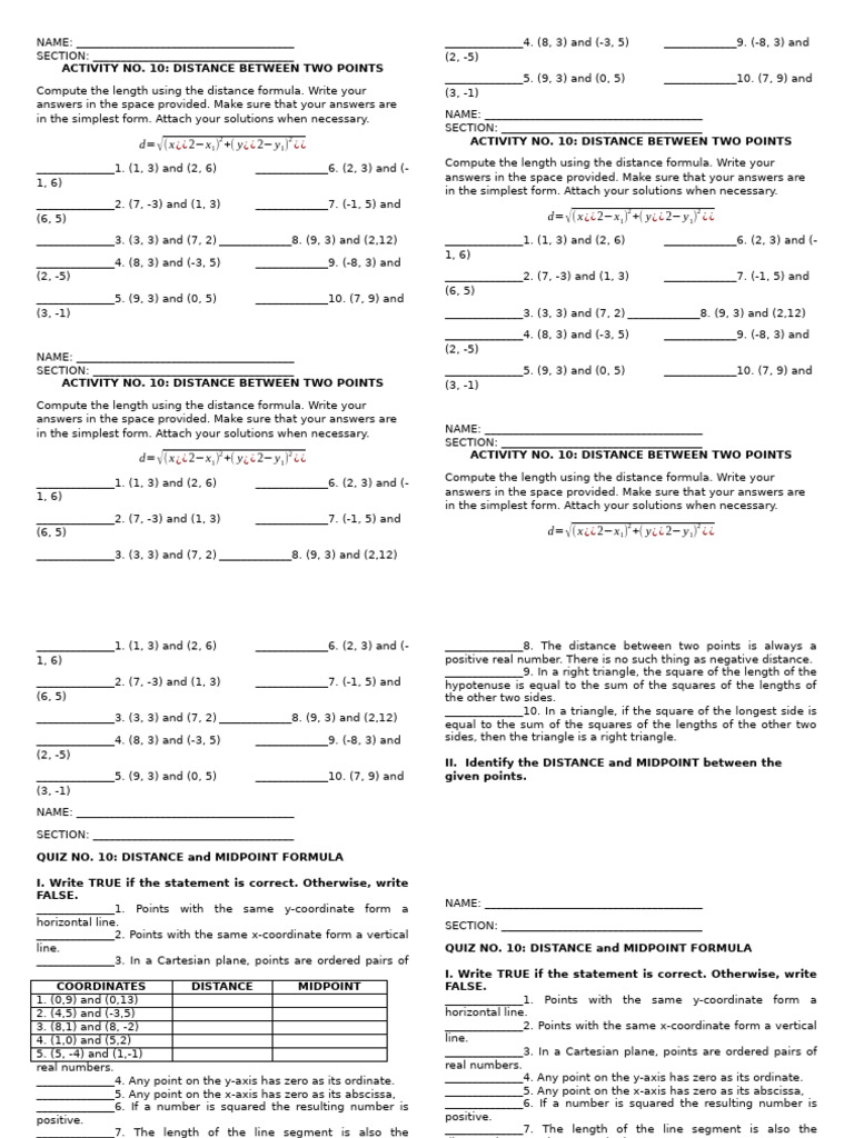 Activity-Distance Formula | PDF | Cartesian Coordinate System | Triangle