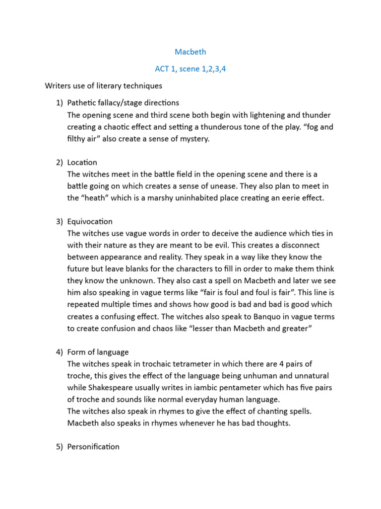 Macbeth Literary Techniques Act1, Scene 1,2,3,4 | PDF | Macbeth