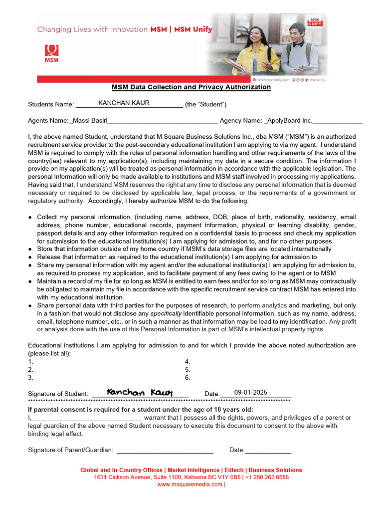 MSM Student Data Collection and Privacy Authorization | PDF ...