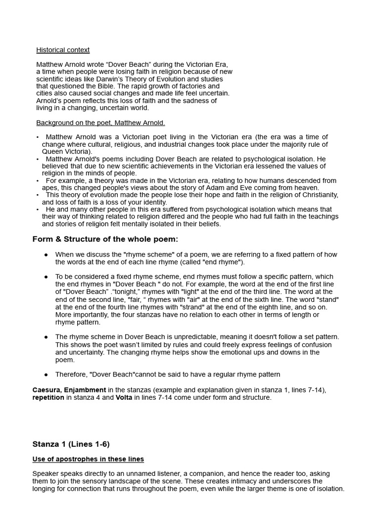 Dover Beach Poem Explanation | PDF | Poetry