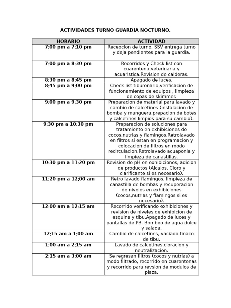 Actividades Turno Guardia Nocturno | PDF | Materiales transparentes | Agua