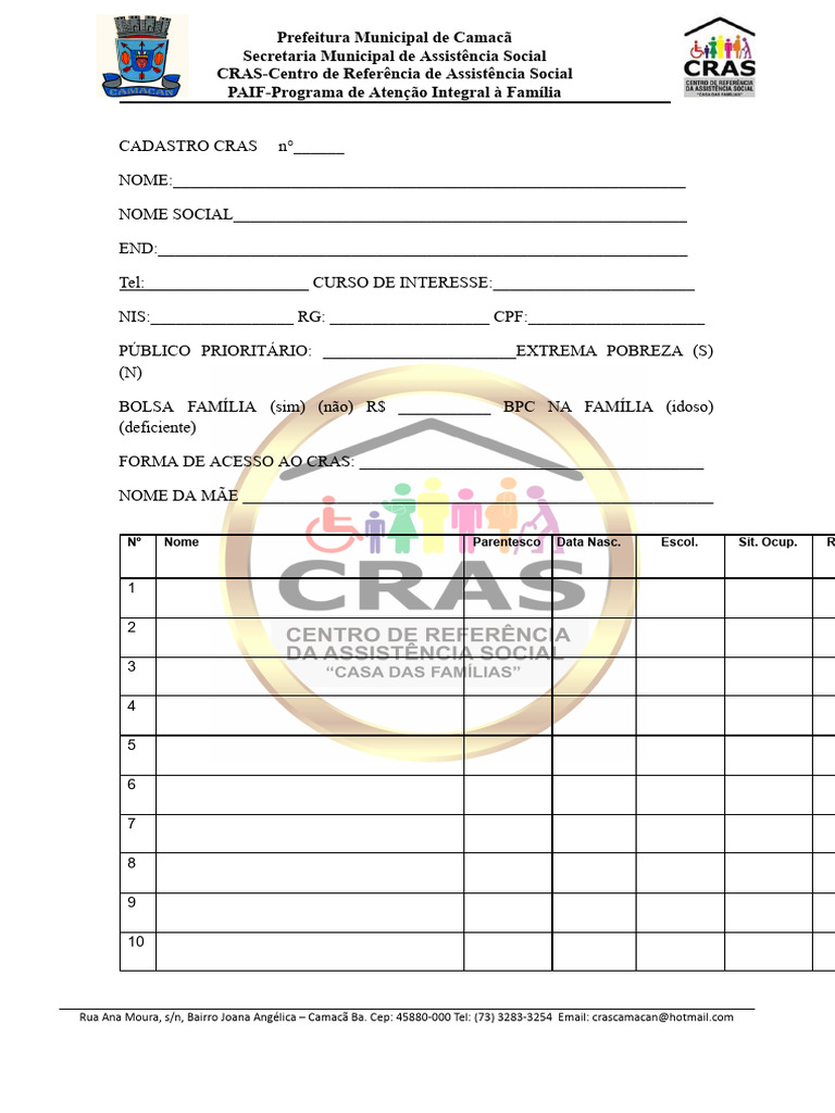 Cadastro CRAS - Camacã: Assistência Social | PDF | Brasil