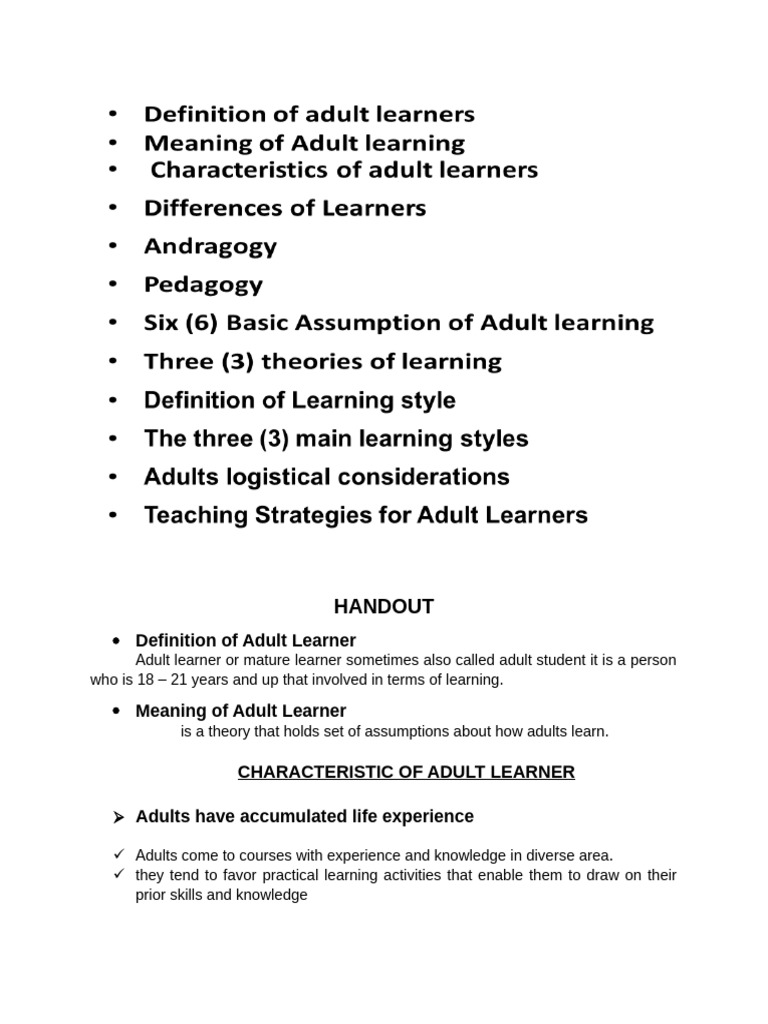 a. Adult Learning - Handout | PDF | Learning | Learning Styles