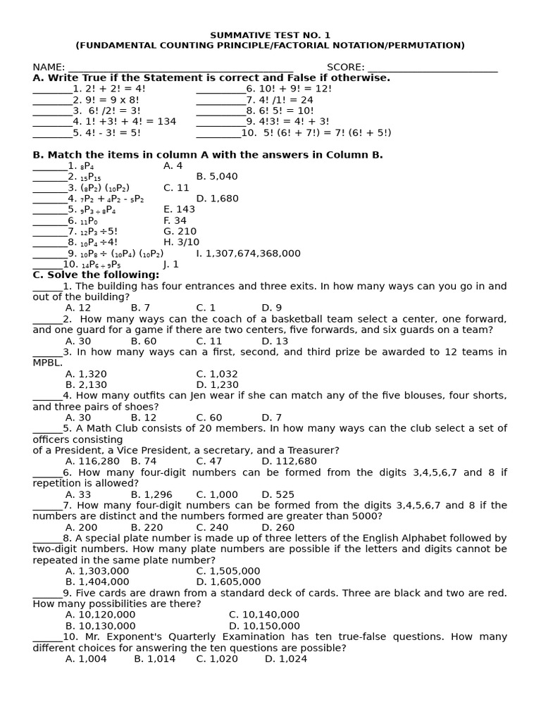 QUIZ NO 1 (FCP and FACTORIAL NOTATION) | PDF | Permutation | Mathematics