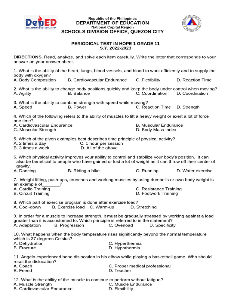 Periodical Test in Hope 1 Grade 11 | PDF | Strength Training | Physical ...