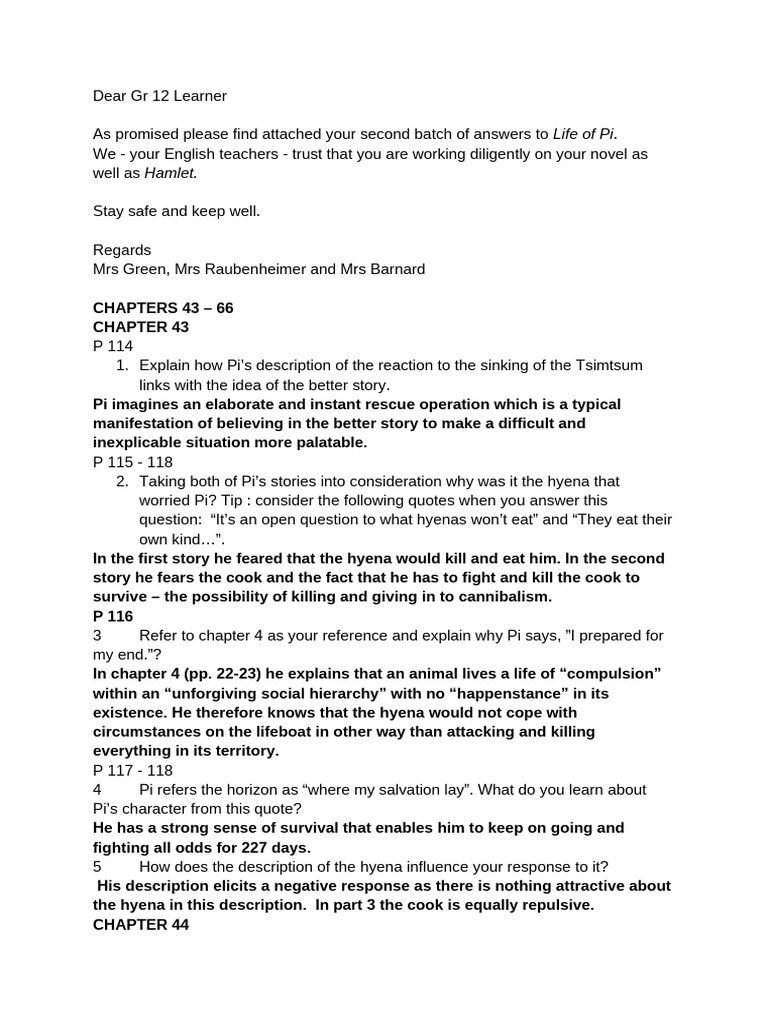 Life of Pi Chapters 43-52 Answers | PDF