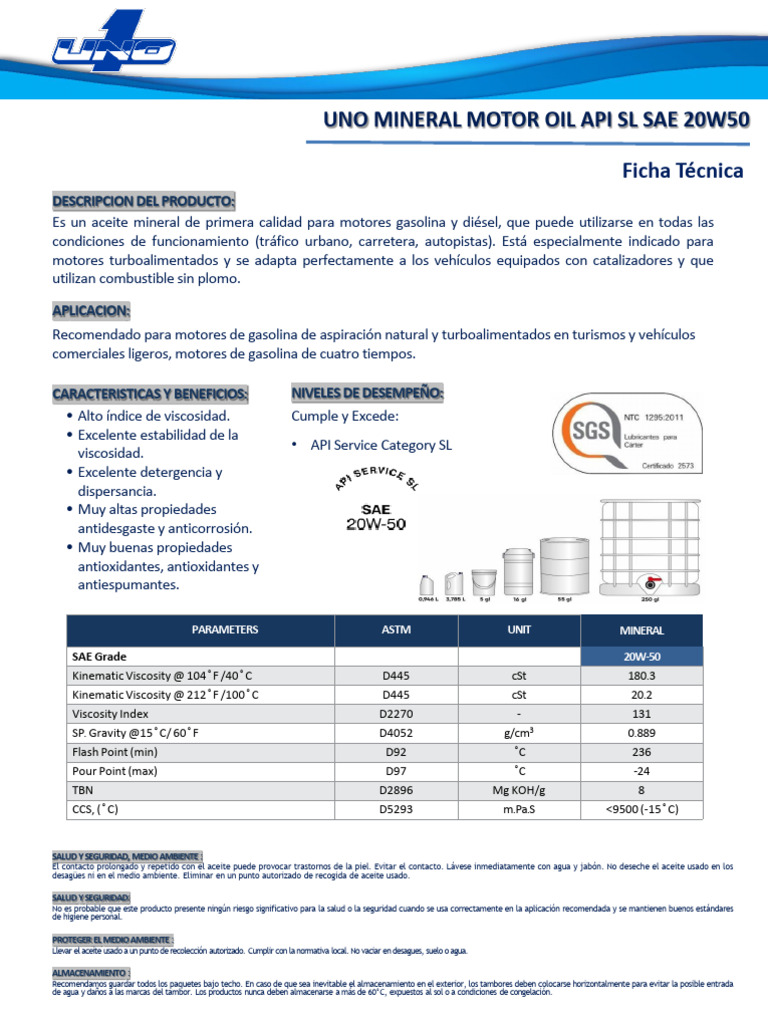 Aceite Motor Mineral 20W50 API SL | PDF | Gasolina | Fuentes de energia ...