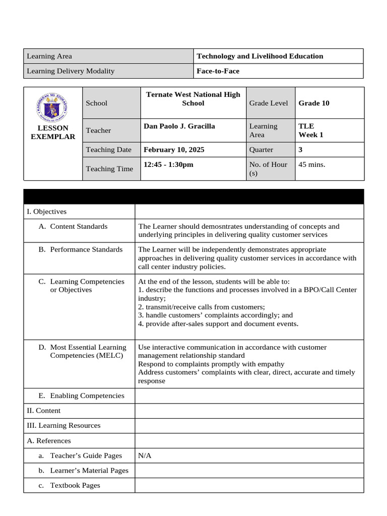 TLE G10 Lesson Plan | PDF | Learning | Customer