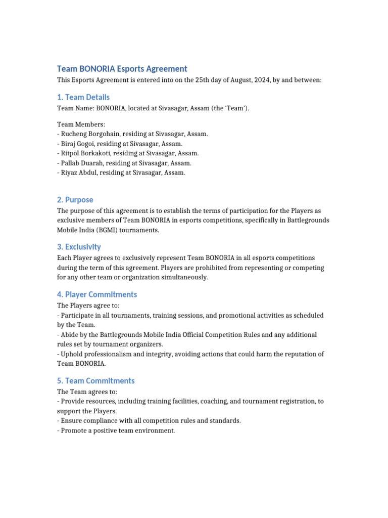 Team BONORIA Esports Agreement | PDF | Government | Justice
