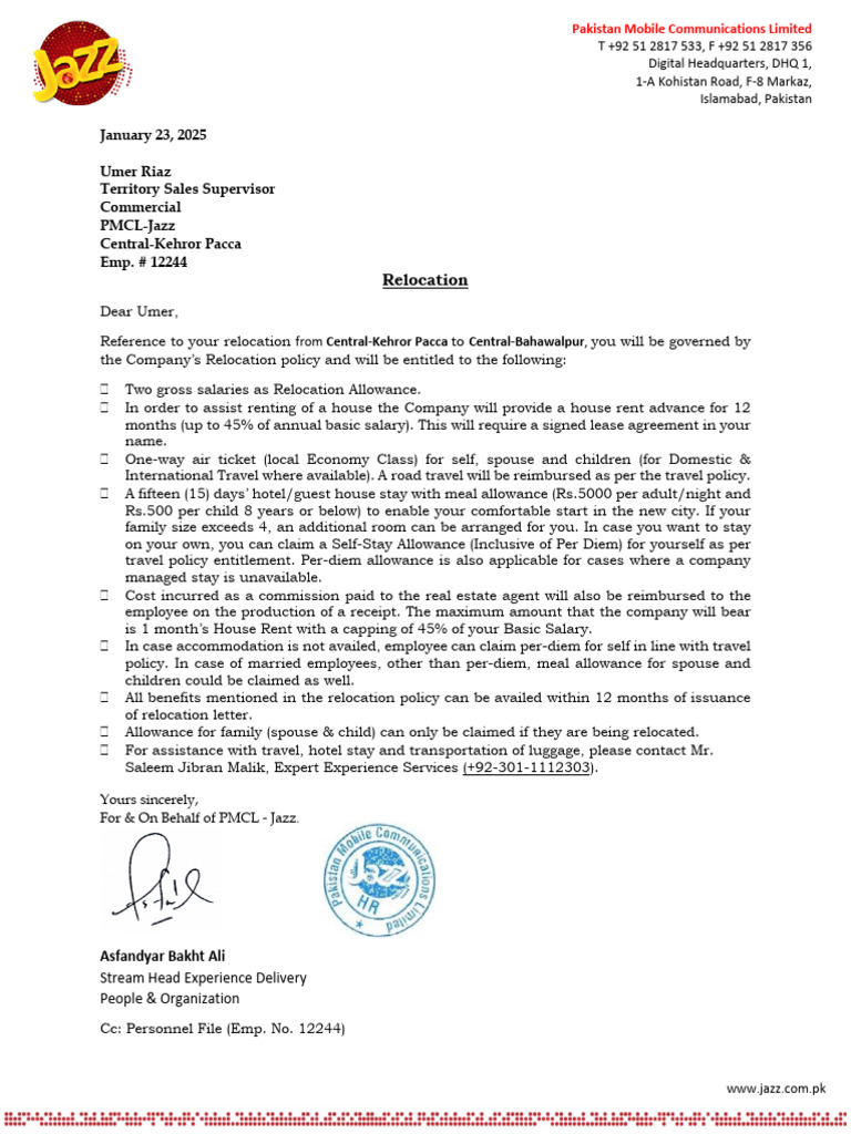 Umer Riaz - Relocation Letters | PDF | Per Diem | Economies