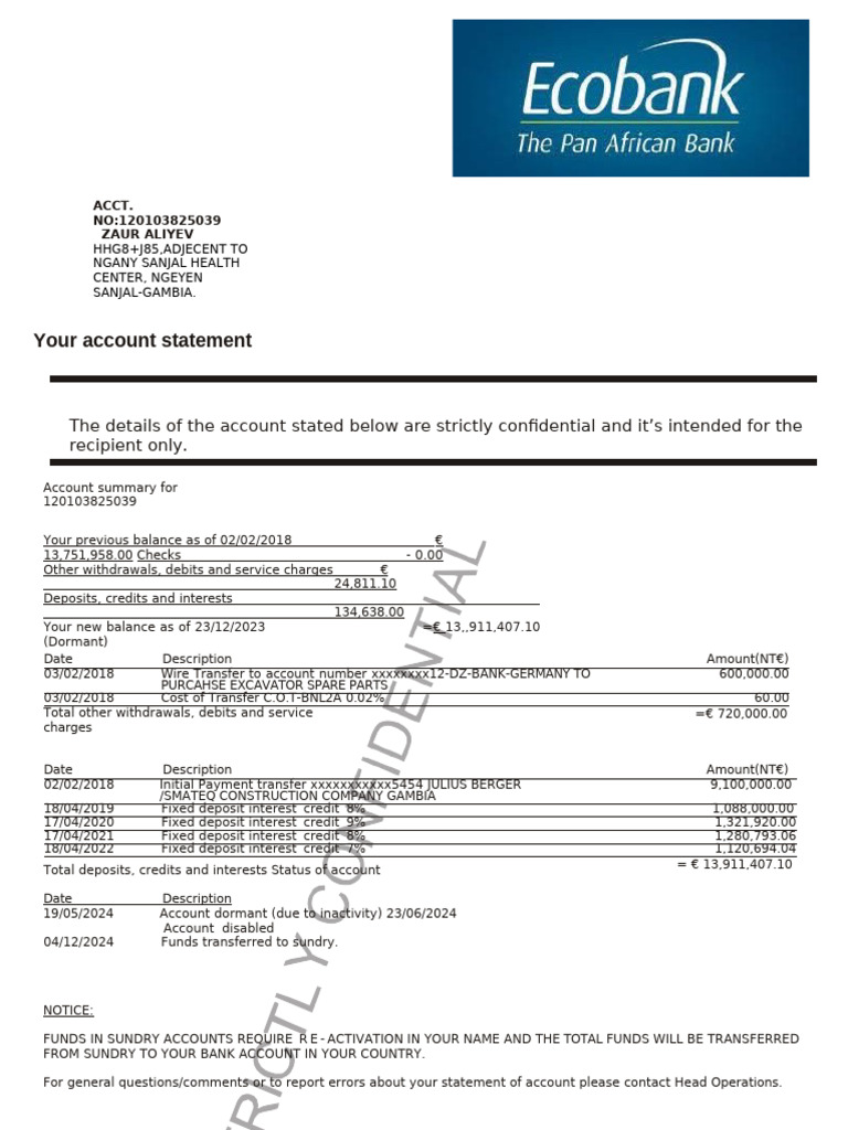 EcoBank Statement of Account Mr. Zaur Aliyev From Azerbaijan | PDF ...