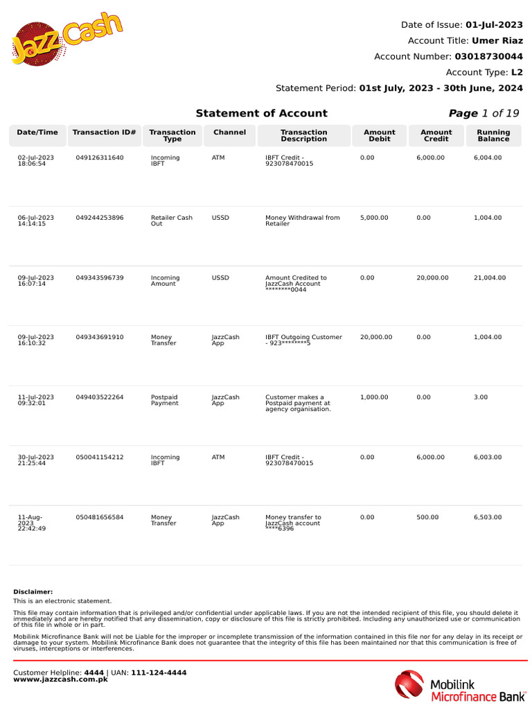 Jazzcash Statement 202324 | PDF | Debit Card | Credit Card