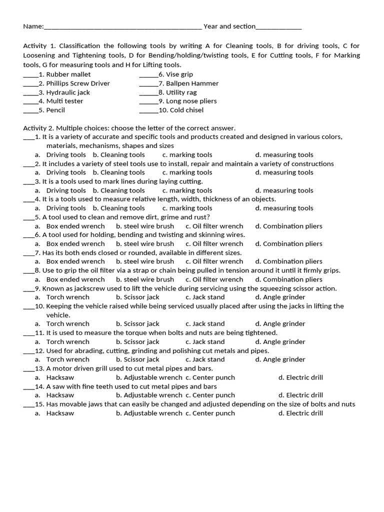 Tool Classification and Quiz Activities | PDF | Tools | Nut (Hardware)