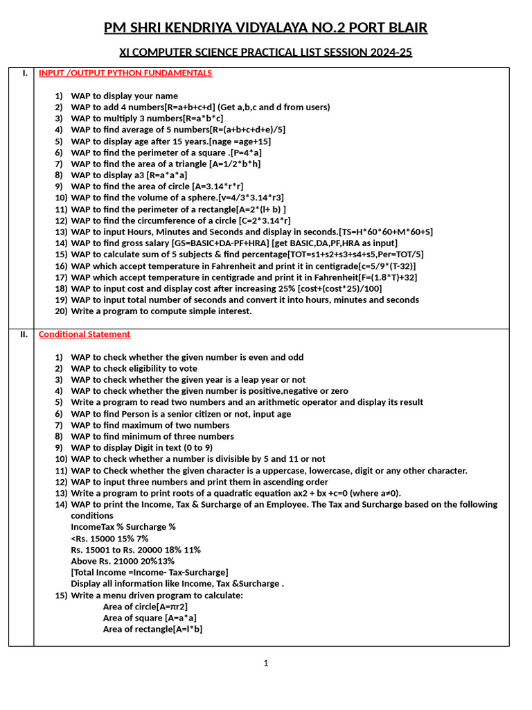 Final Class Xi CS Practical List 2024-25 ( | PDF | Area | Mathematics