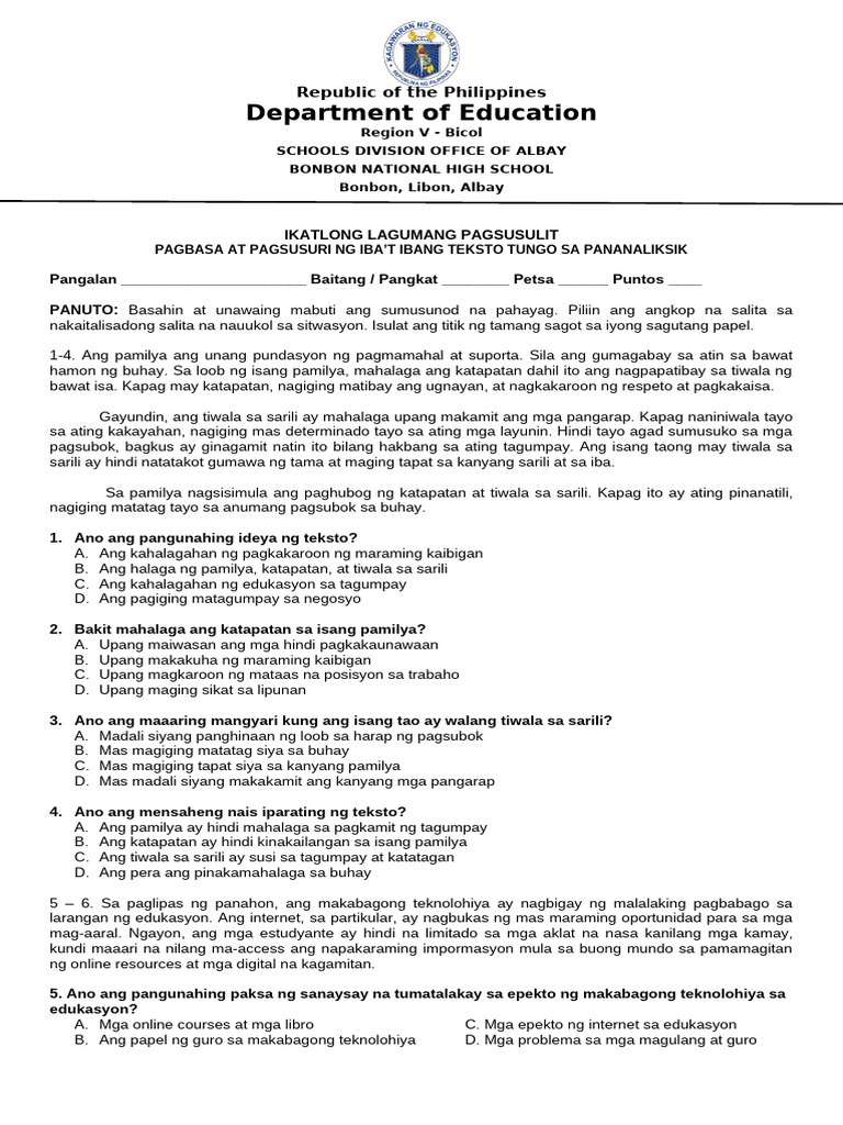 3rd Quarter Exam - Pagbasa Reproduction | PDF