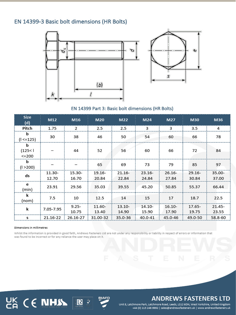EN 14399-3 HR Bolt Dimensions Guide | PDF