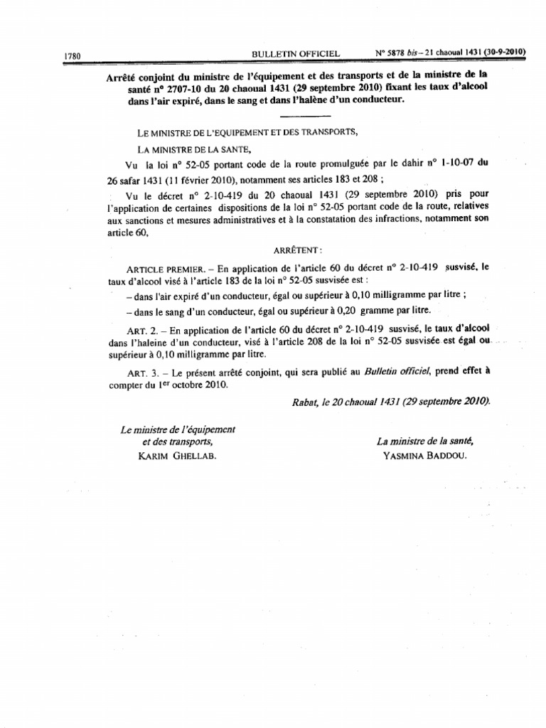 Arrêté Conjoint N°2707-10 Fixant Le Taux Dans L'air Expiré, Dans Le ...