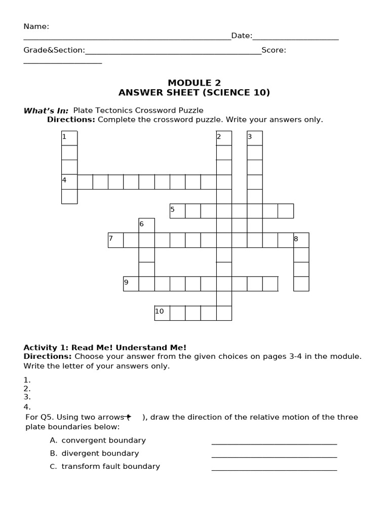 Science 10 Plate Tectonics Answer Sheet | PDF