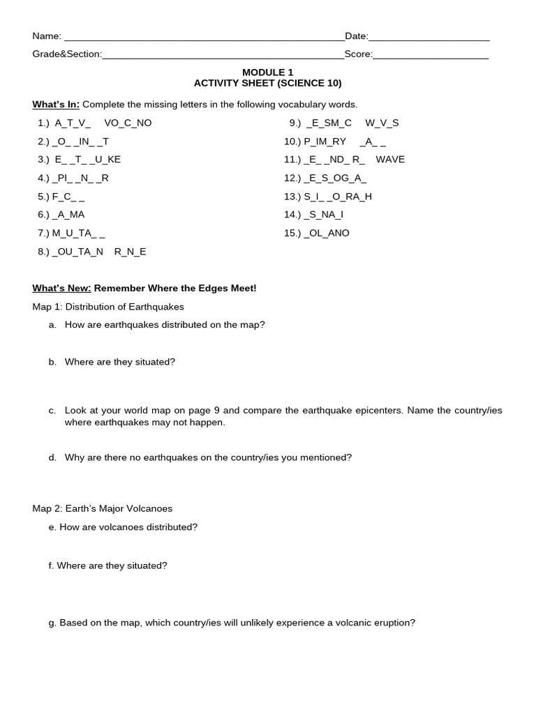 Science10 - Q1 - Module 1 - Activity Sheet | PDF | Volcano | Earthquakes
