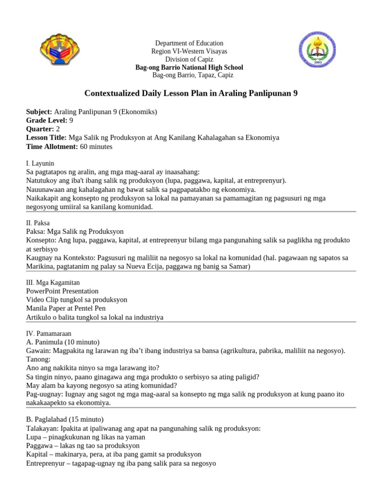 Contextualized Lesson Plan AP-9 Q2 | PDF