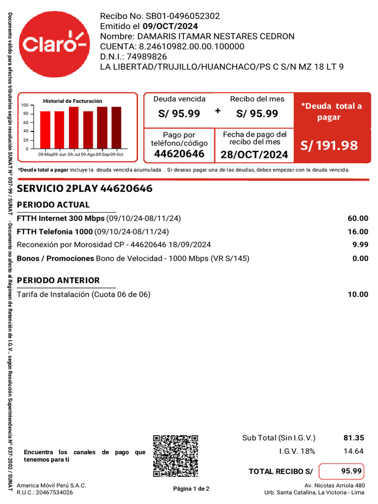 Recibo Claro: Detalles y Canales de Pago | PDF | Telecomunicaciones