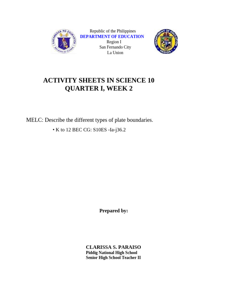 Science10-Quarter1 MELC-2 AS IN | PDF | Plate Tectonics | Geology