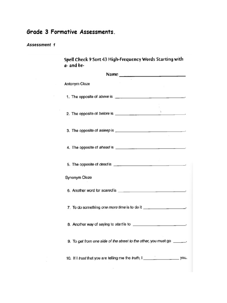 Formative Assessments - Grade 3 | PDF