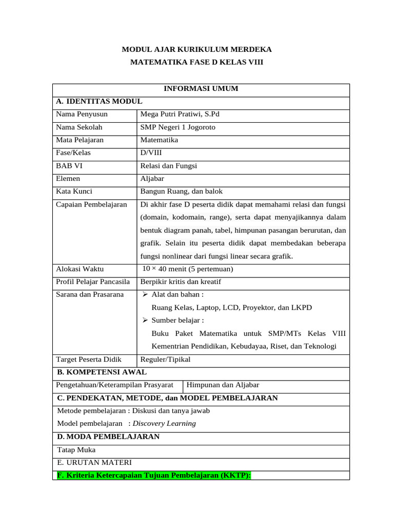 Modul Ajar Matematika Kelas VIII: Relasi dan Fungsi | PDF