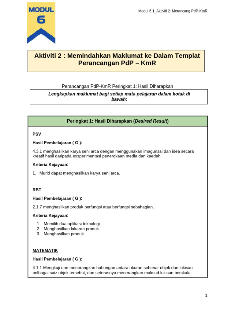 Toolkit 6.1 - Aktiviti 2 Perancangan PdP KmR (2) | PDF