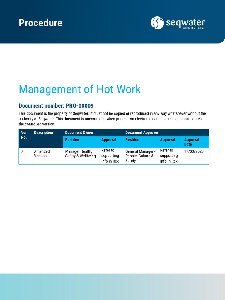 PRO-00009 Corporate Safety - WHS Management of Hot Work Procedure (2) | PDF | Fires | Welding