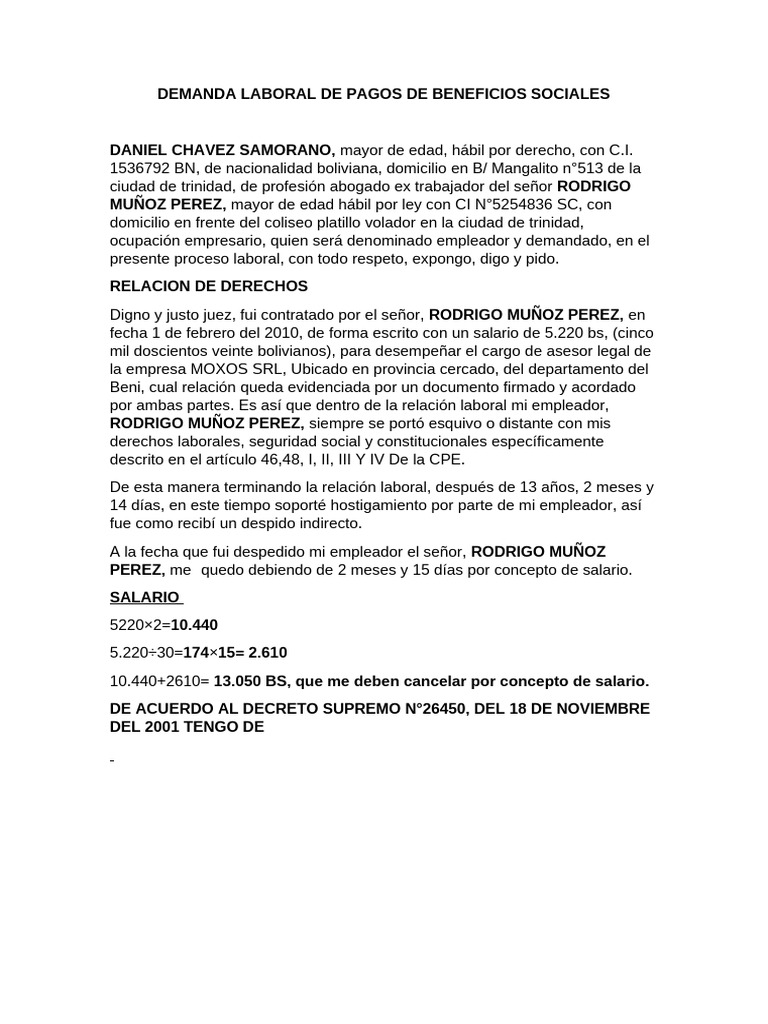 DEMANDA LABORAL DE PAGOS DE BENEFICIOS SOCIALES | PDF