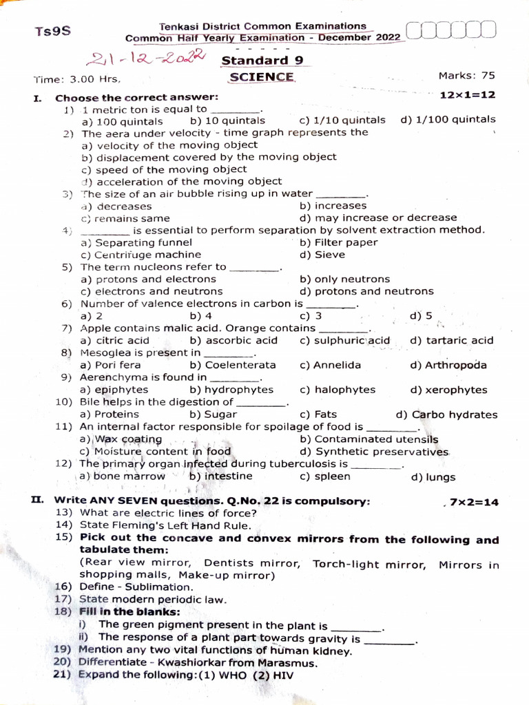 Tenkasi District 9th Grade Science Exam | PDF | Chemistry | Chemical ...