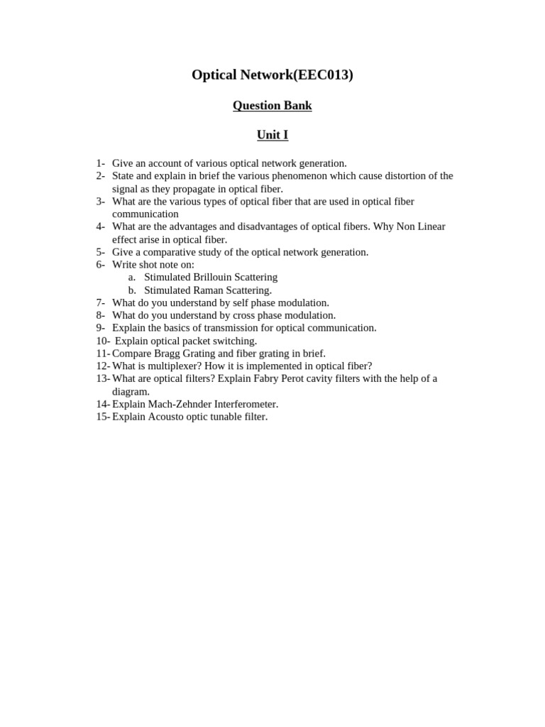 Optical Network Question Bank | PDF | Fiber Optic Communication | Light
