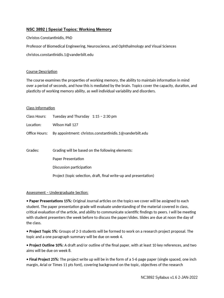 Working Memory - SyllabusNSC3892 - v1.6 | PDF | Working Memory | Memory