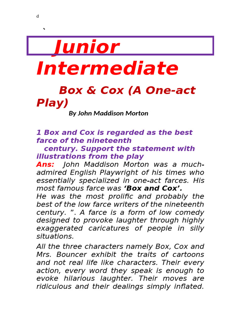 Box & Cox - (A One-Act Play) Lesson - 8 | PDF