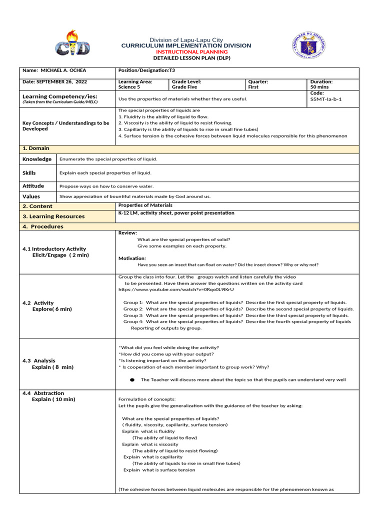 DLP_SCIENCE5_Q1_W1_D3 (1) | PDF | Liquids | Viscosity