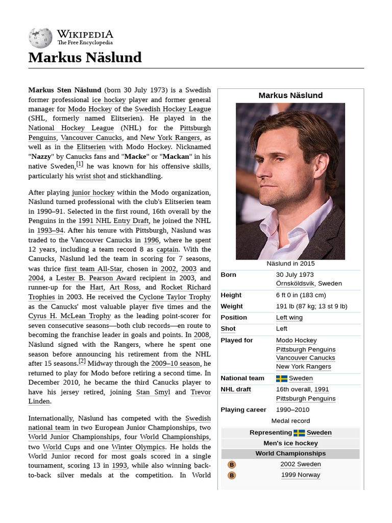 Markus Näslund | PDF | Sports | National Hockey League Teams
