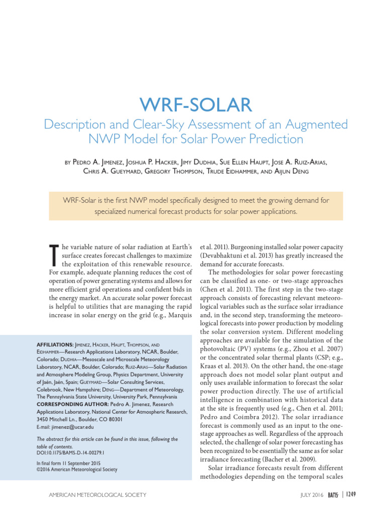 Wrf-Solar: Description and Clear-Sky Assessment of An Augmented NWP ...