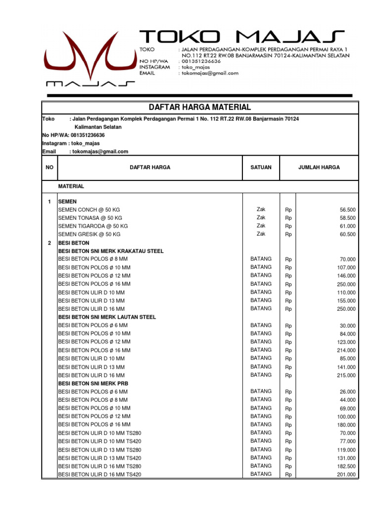 DAFTAR HARGA MATERIAL TOKO MAJAS | PDF