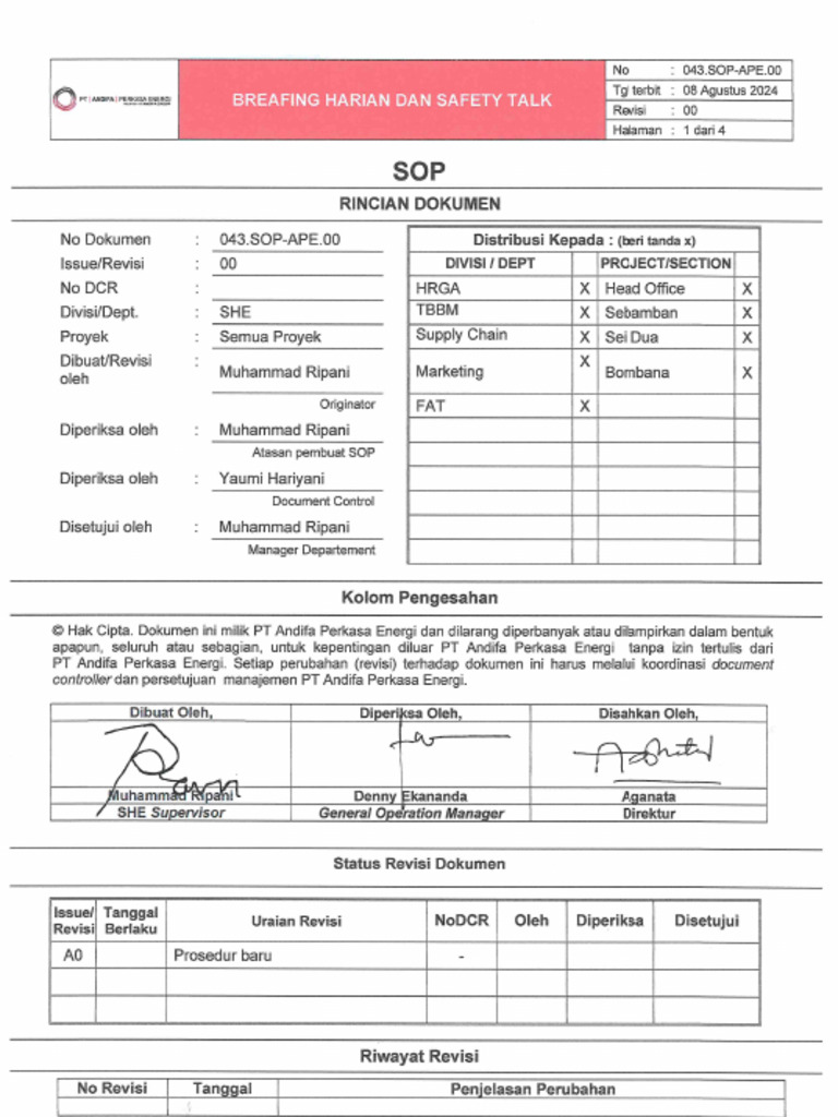 043 - She - Sop - Ape - Breafing Harian & Safety Talk | PDF