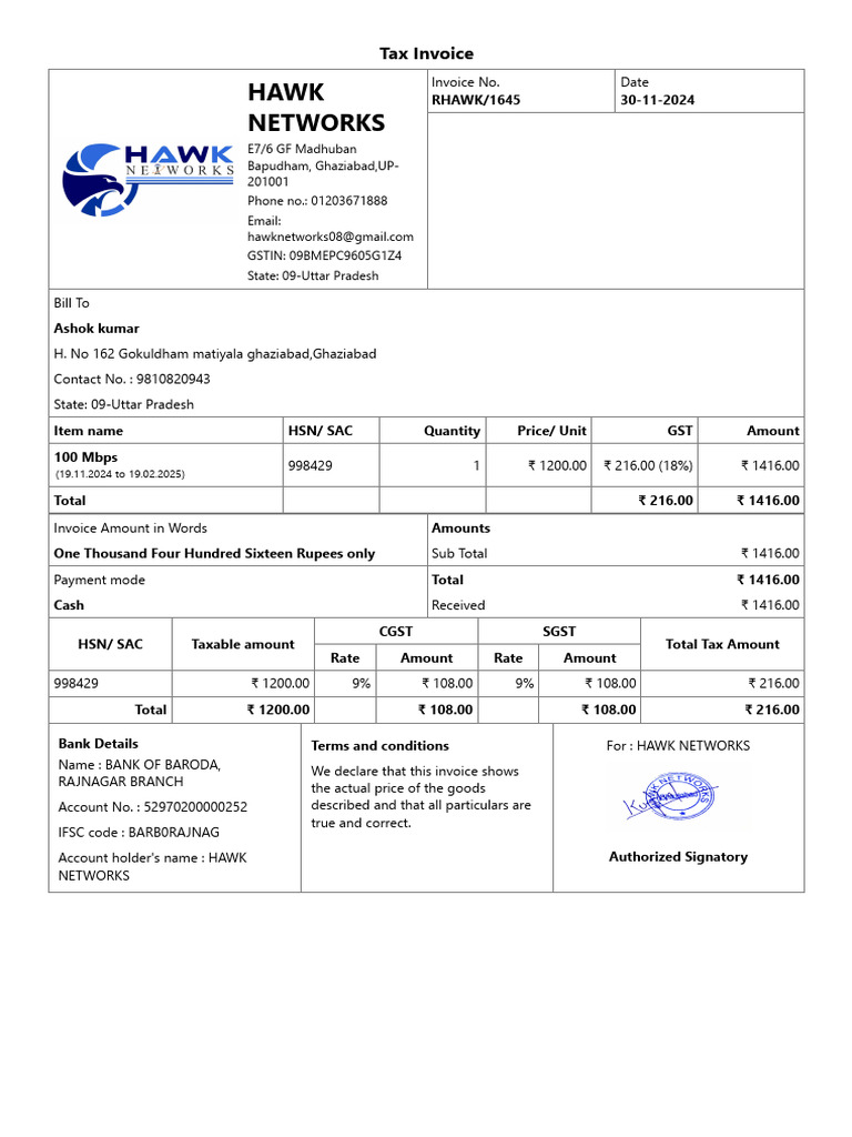 Tax Invoice - RHAWK 1645 - 30 - 11 - 24 | PDF | Economies | Taxes