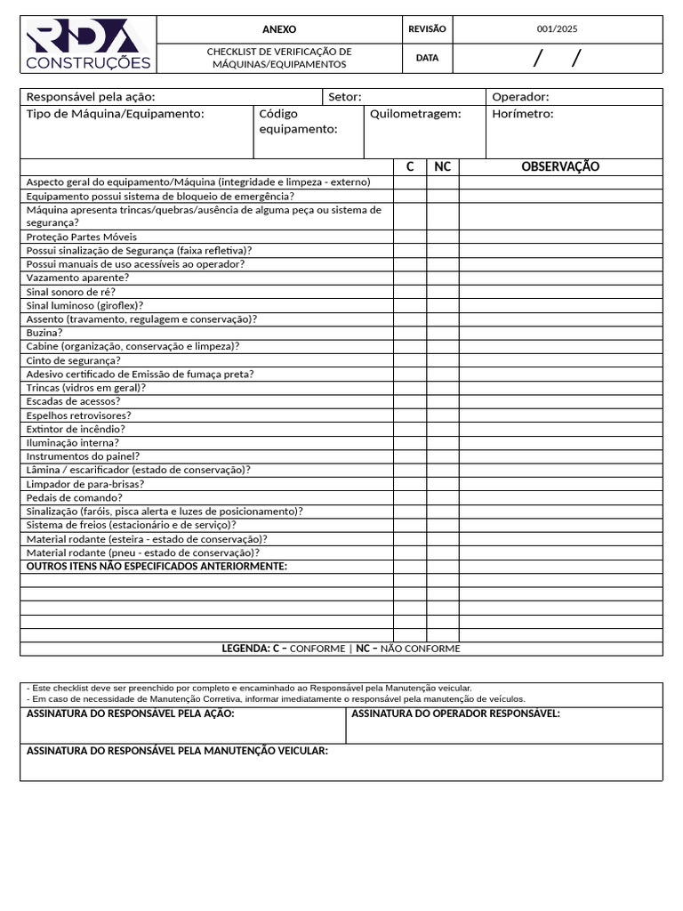 Checklist de Verificação de Máquinas e Equipamentos | PDF