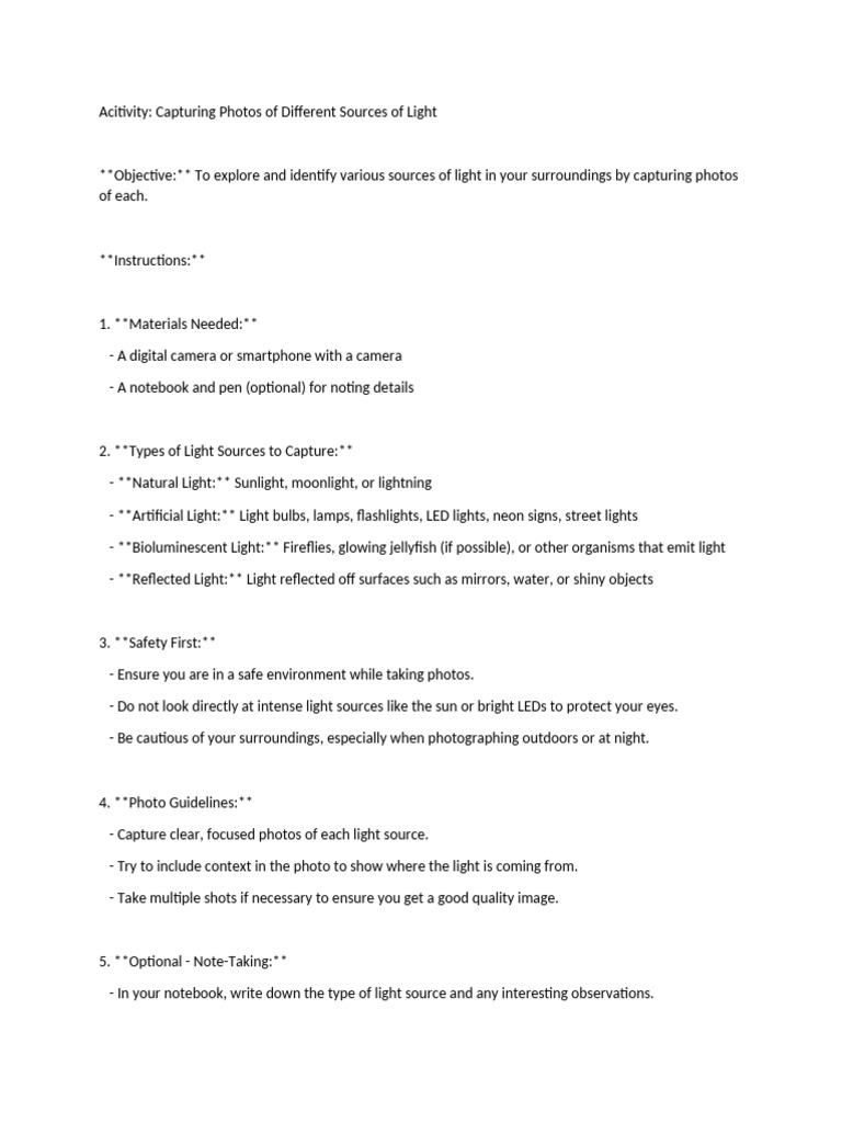 Directions For Capturing Photos of Different Sources of Light | PDF