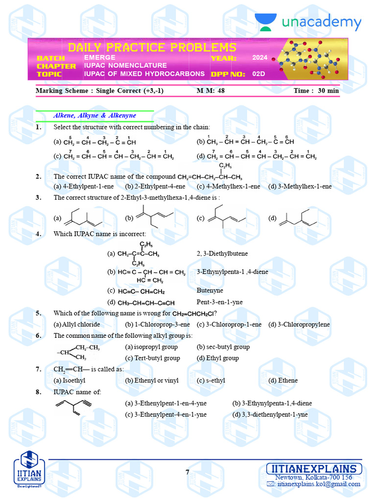 11 DPP 02D Iupac of Mixed HC Emerge | PDF | Alkene | Organic Chemistry